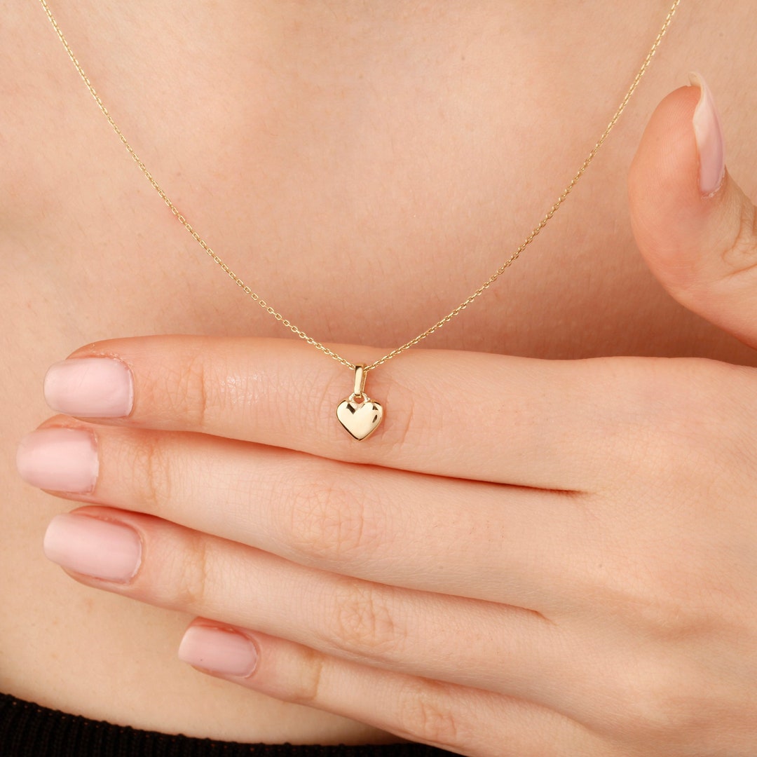 14K Solid Gold Tiny Heart Necklace, Mini 3D Heart Pendant, Dainty Heart ...