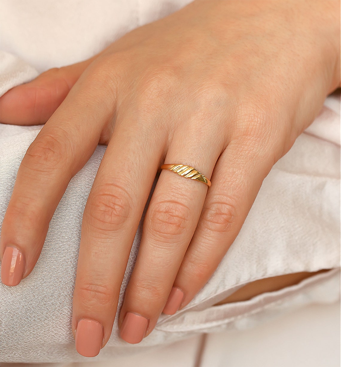 14k Solid Gold Tiny Croissant Ring Thin Croissant Gold Dome - Etsy