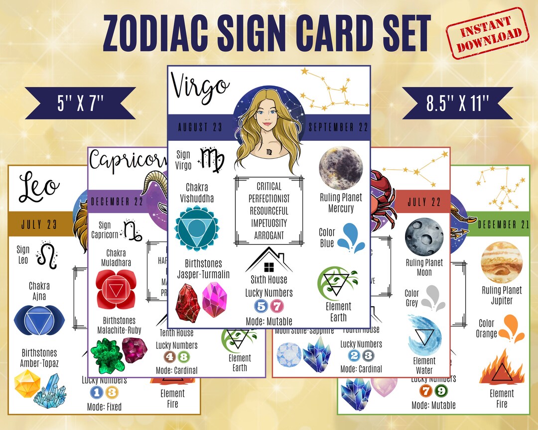 Zodiac Signs Cards, Printable Astrology Card, Astrology Information ...