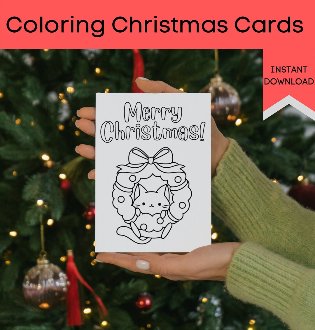 Christmas Printable Coloring Cats Cards for Kids, Kids Christmas DIY ...