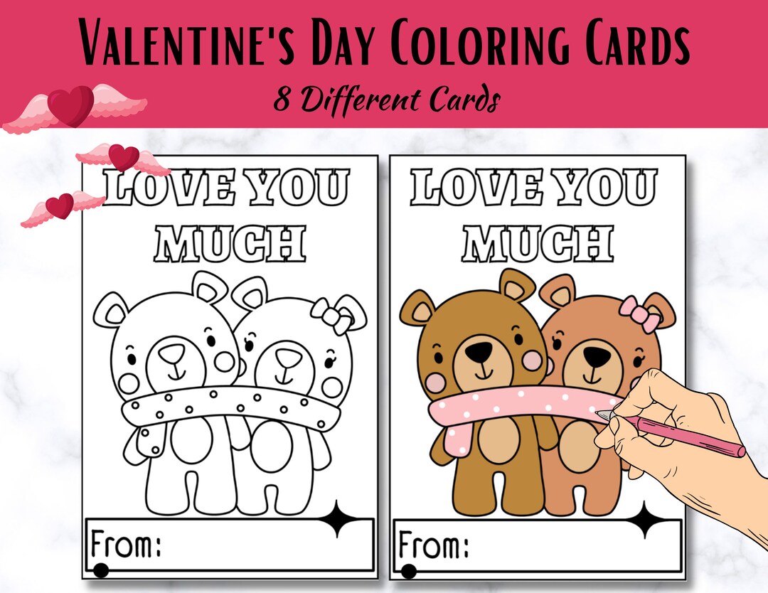 Valentine Coloring Cards, Set of 8 Printable Valentine's Day Cards ...