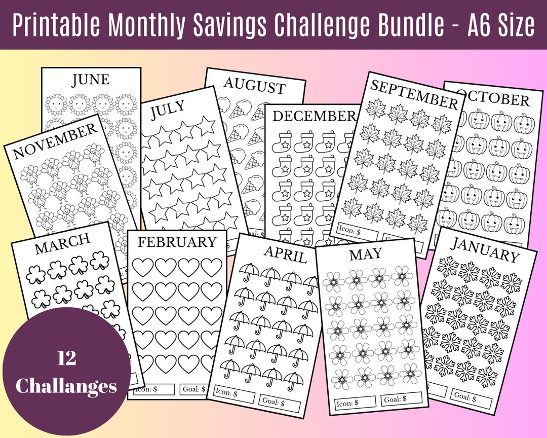 Monthly Savings Challenge Trackers for Adult or Kids, Printable A6 Size ...