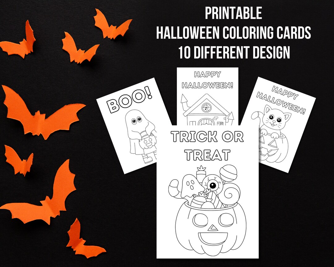 Printable Halloween Coloring Cards for Kids, Kids Halloween DIY Gift ...