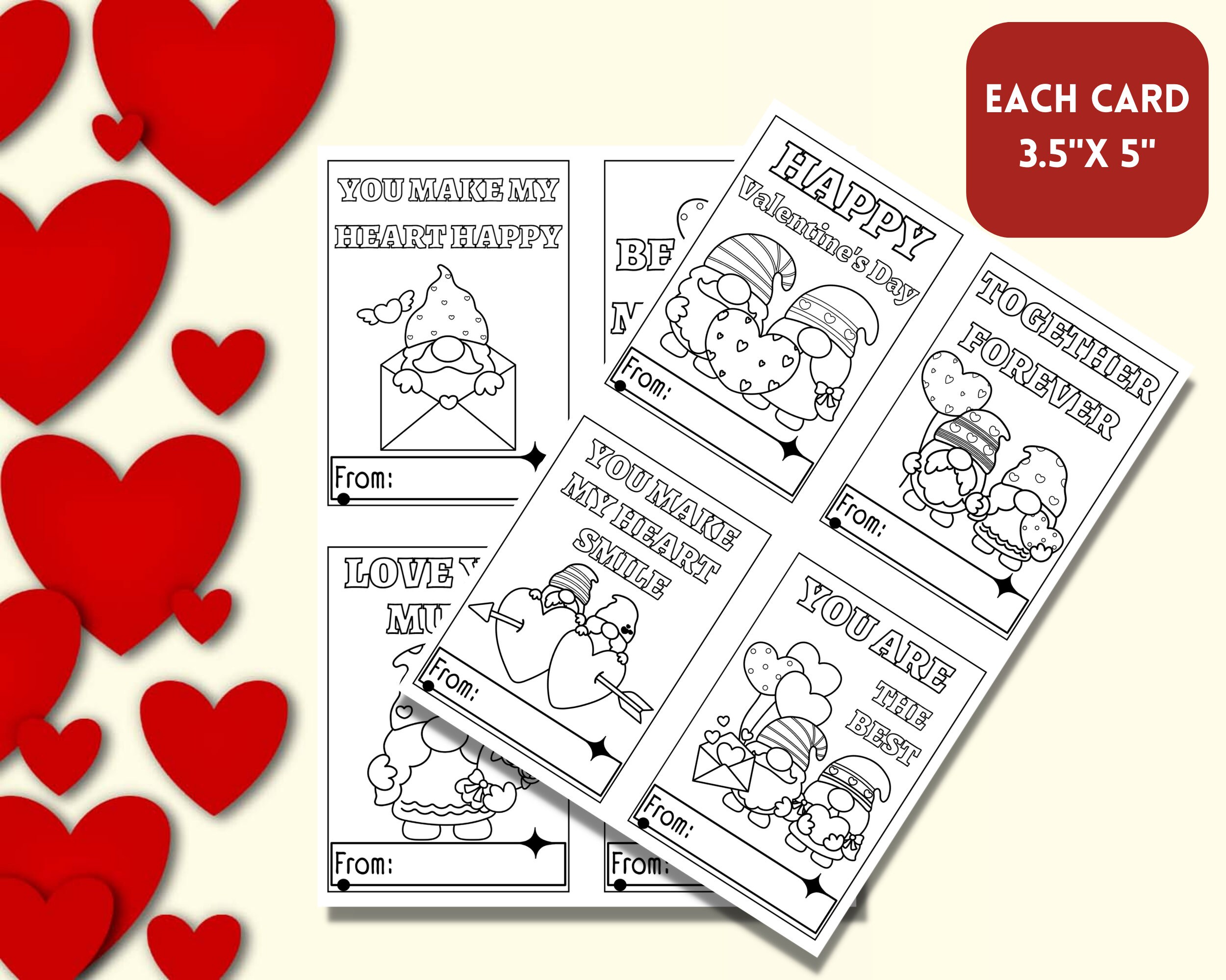 Valentine Coloring Cards, Set of 8, Printable Valentine's Day Cards ...