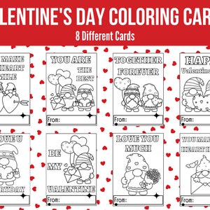 Valentine Coloring Cards, Set of 8, Printable Valentine's Day Cards ...