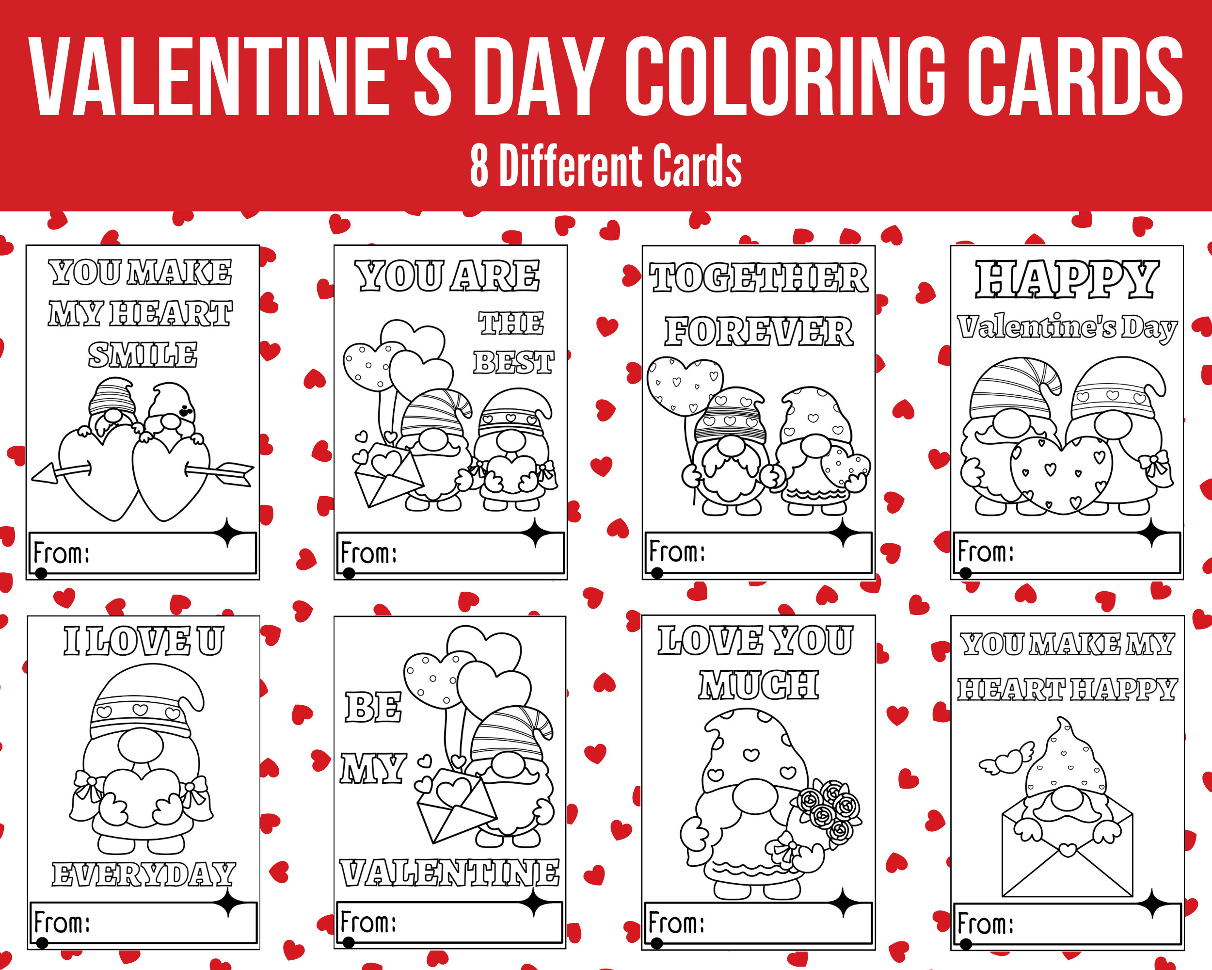 Valentine Coloring Cards, Set of 8, Printable Valentine's Day Cards ...