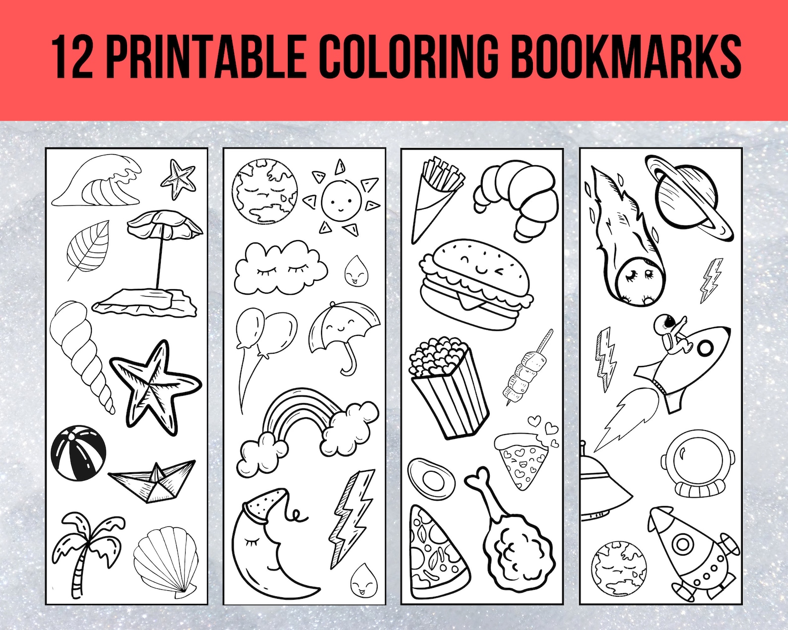 Printable Coloring Bookmarks for Kids, 12 Unique Bookmark, Student ...