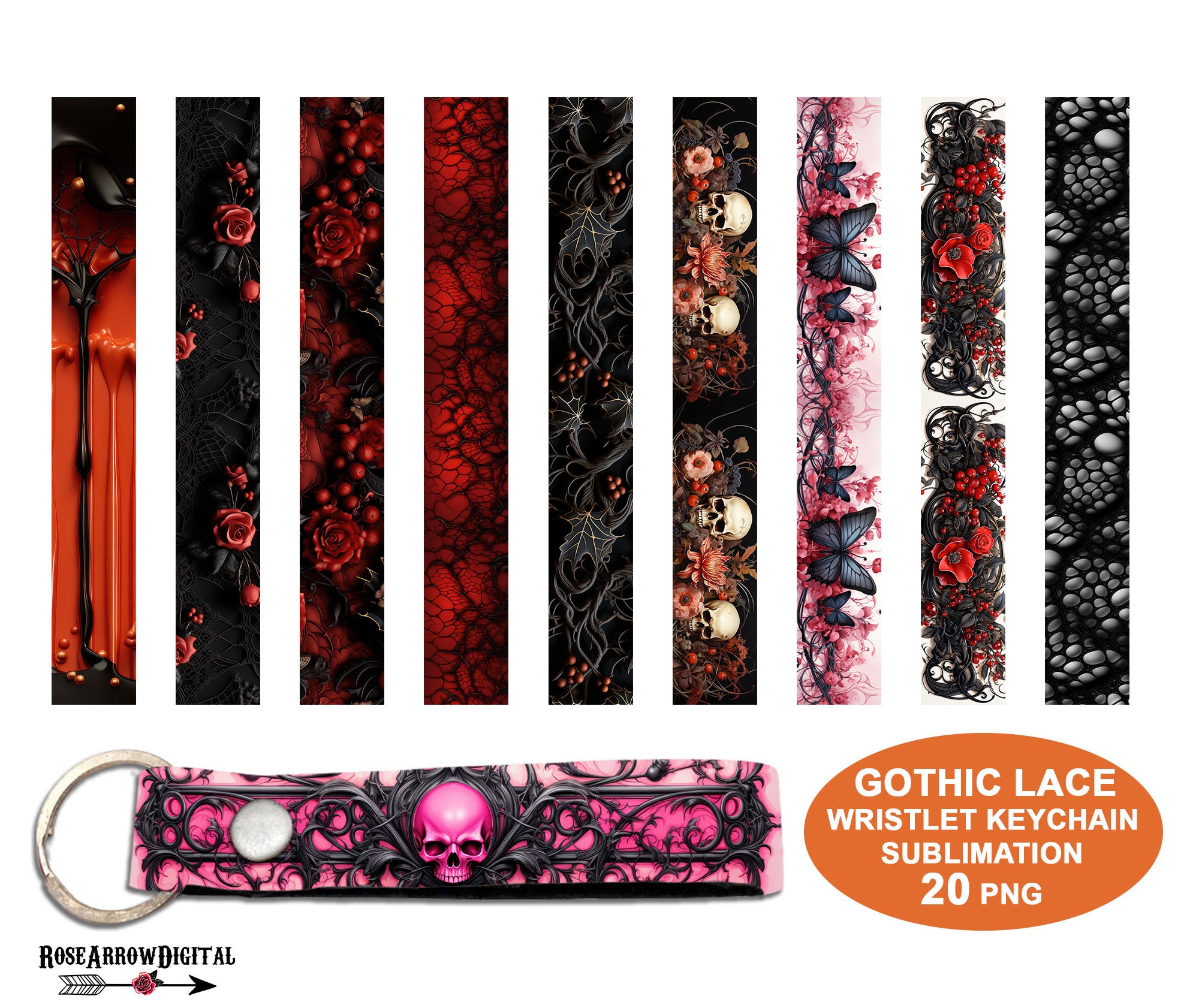 Gothic Keychain Wristlet PNG Bundle, Halloween Goth Lace Key Fob ...