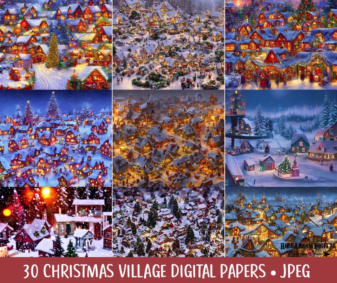 Christmas Digital Papers Bundle, Vintage Winter Village Scene ...