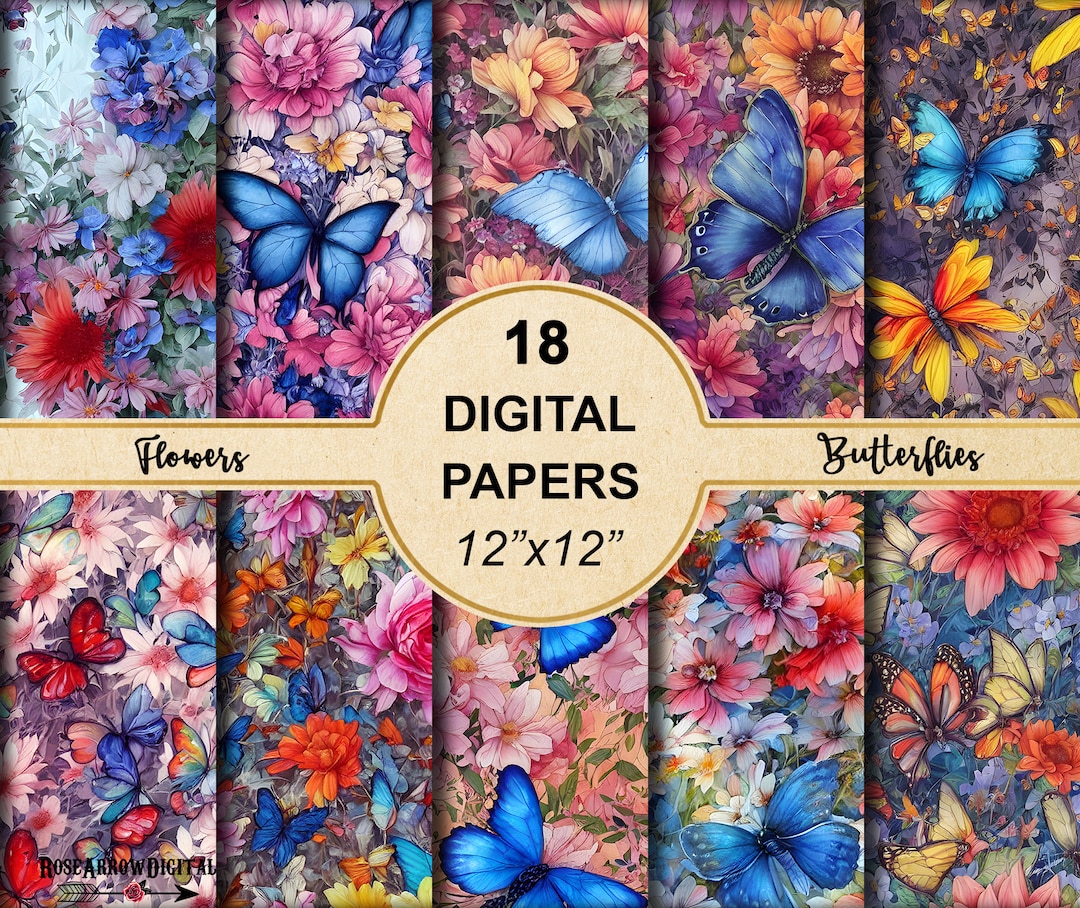 Butterflies and Flowers Digital Papers Bundle | Spring Garden ...