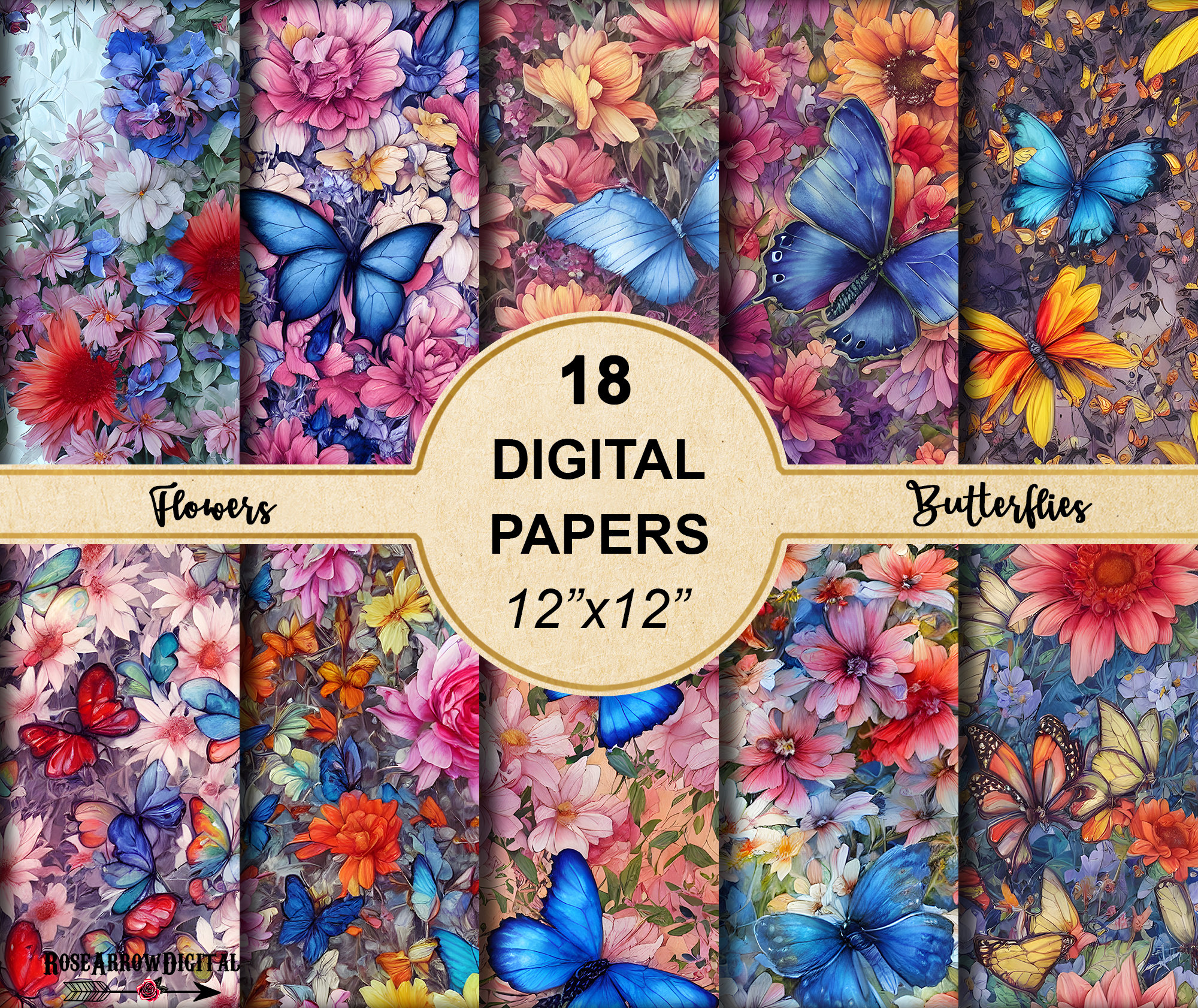 Butterflies and Flowers Digital Papers Bundle Spring Garden ...