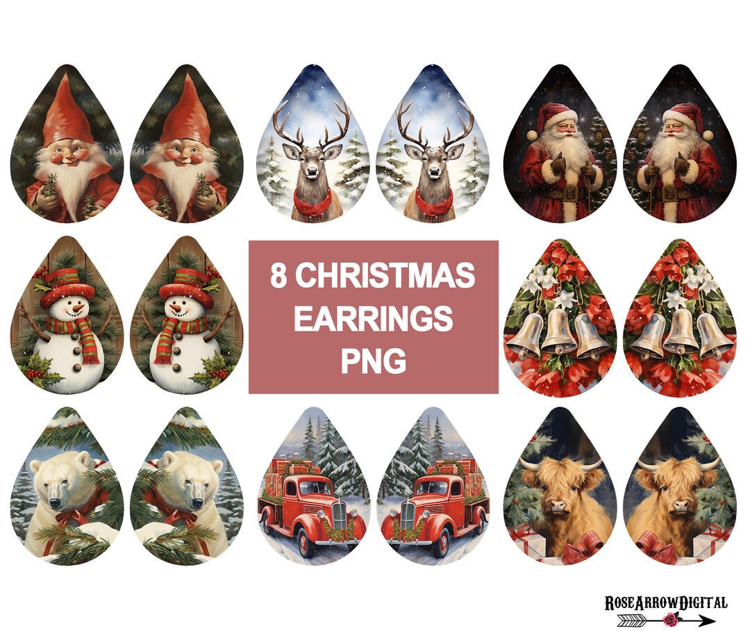 Christmas Earring Sublimation Design Bundle, 8 Retro Winter Teardrop ...