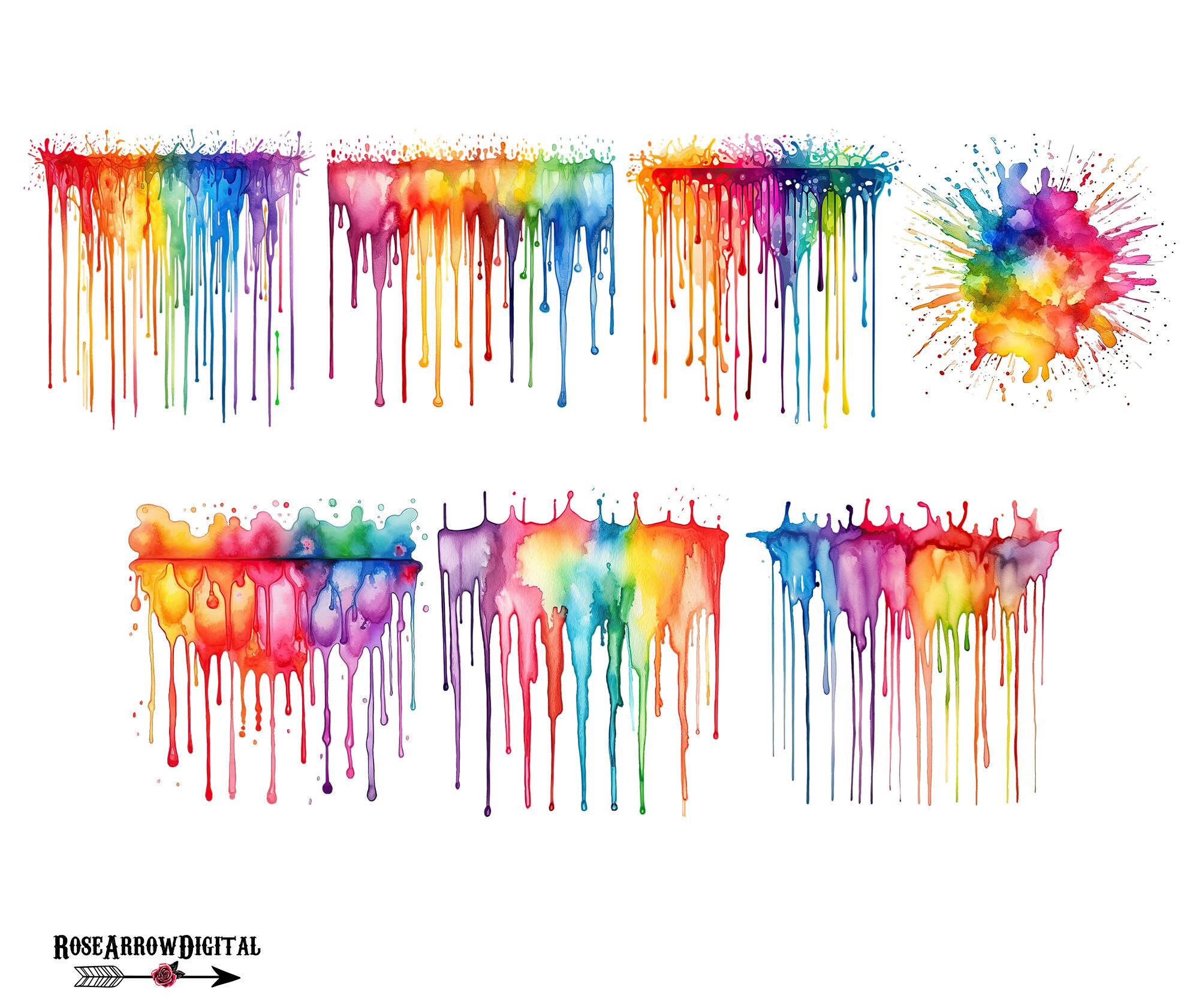 Rainbow Watercolor Drips PNG Bundle Splash Dripping Sublimation Design ...