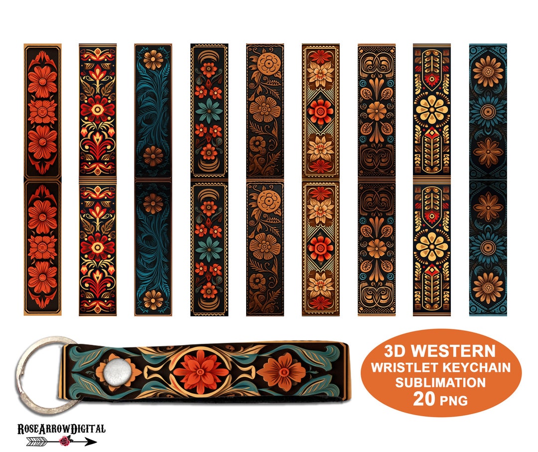 Western Keychain Wristlet PNG Bundle, 3D Tooled Leather Boho Aztec Key ...