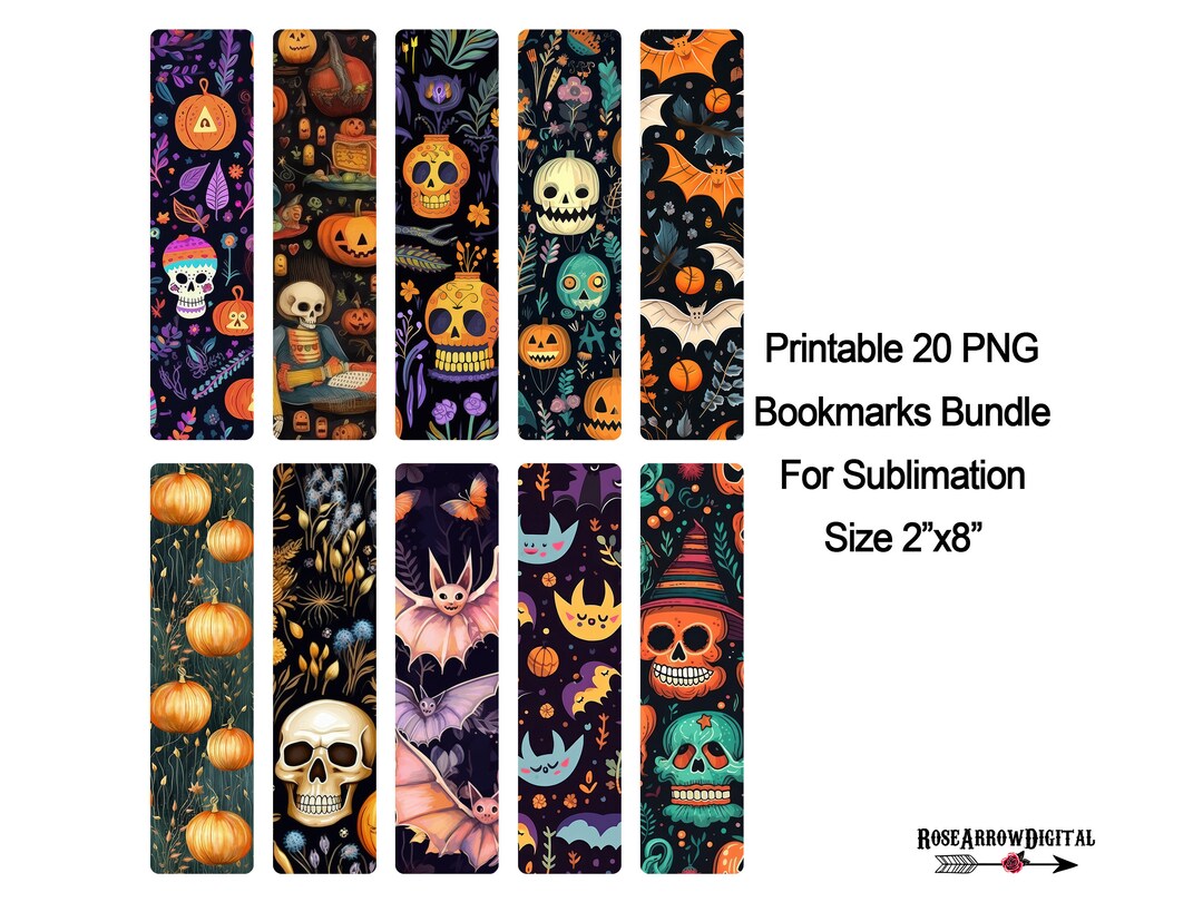 Halloween Bookmarks Printable PNG Bundle Whimsical Vintage Skulls ...