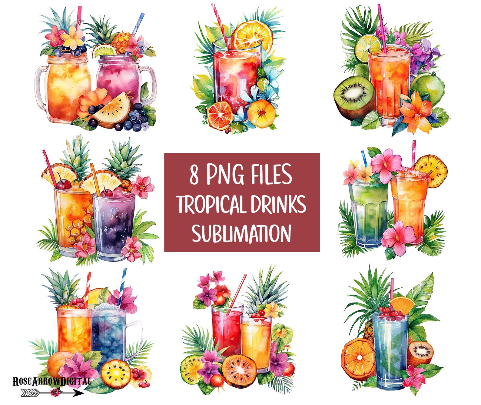 Tropical Drink PNG Sublimation Bundle | Watercolor Summer Cocktail ...