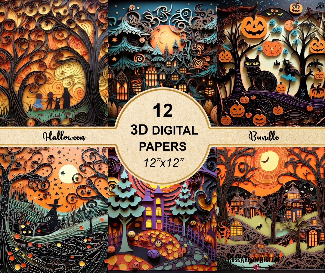 3D Halloween Digital Papers Bundle, Vintage Fall Scenery Quill ...