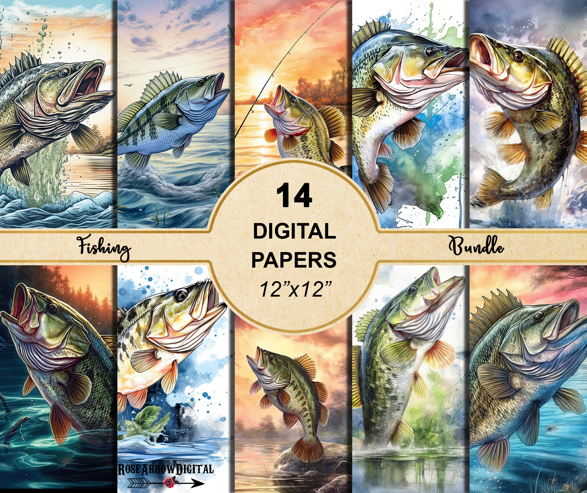 Fishing Digital Papers Bundle | 14 Fish Paper Pack Background Printable ...