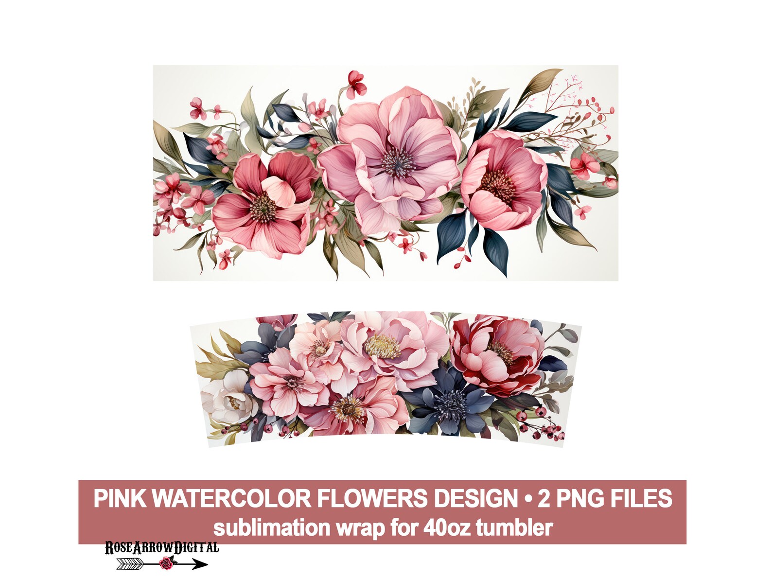 Pink Flowers 40oz Stanley Tumbler Wrap PNG Watercolor Floral ...