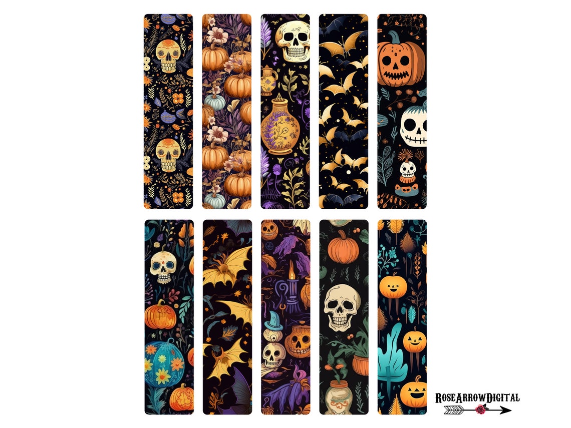 Halloween Bookmarks Printable PNG Bundle Whimsical Vintage Skulls ...