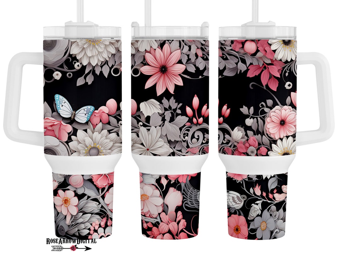 Floral 40oz Stanley Cup Wrap PNG Pink Grey Flowers Sublimation Quencher ...
