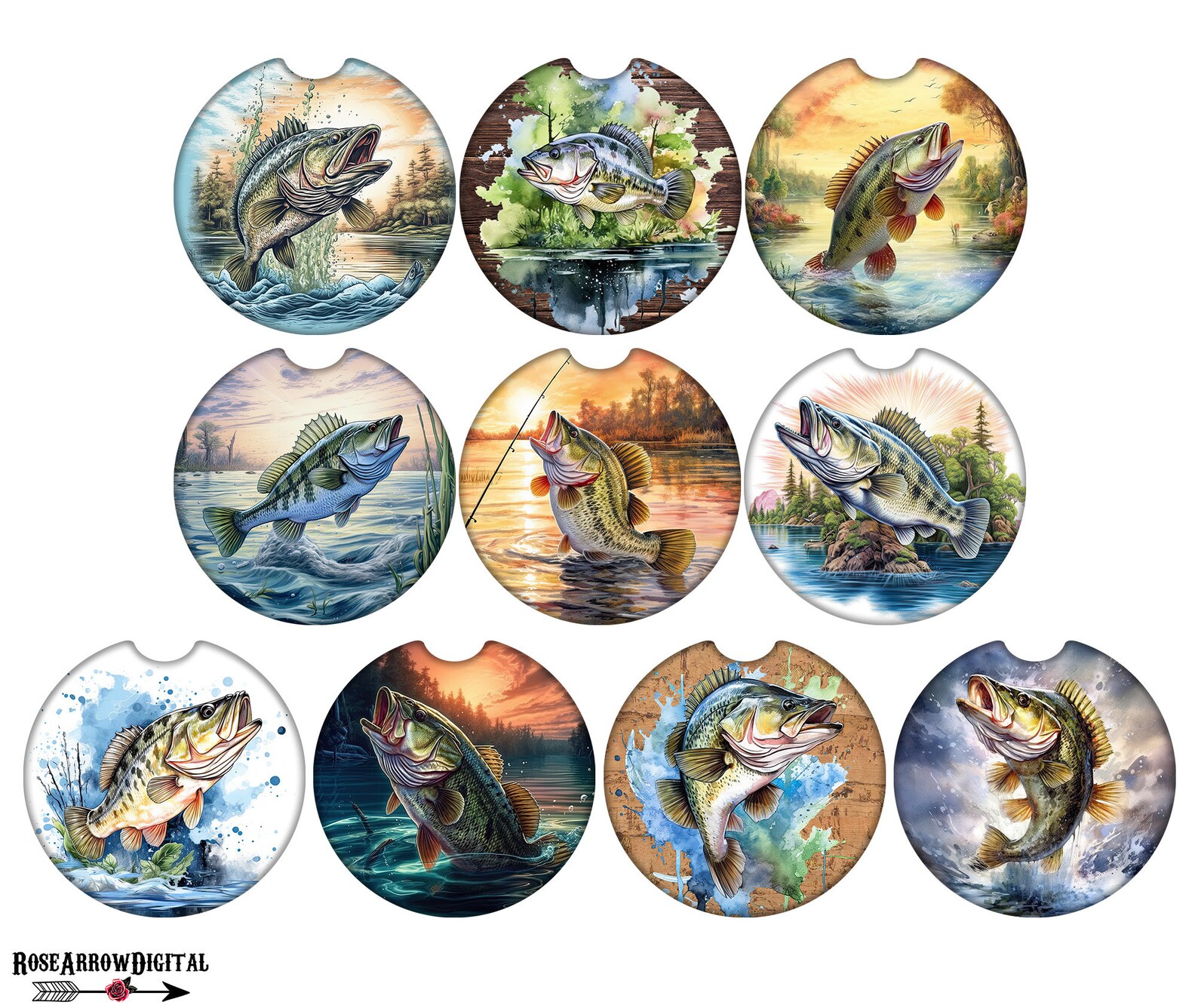 Fishing Car Coaster PNG Sublimation Bundle | Fish Bass Drink Coaster ...