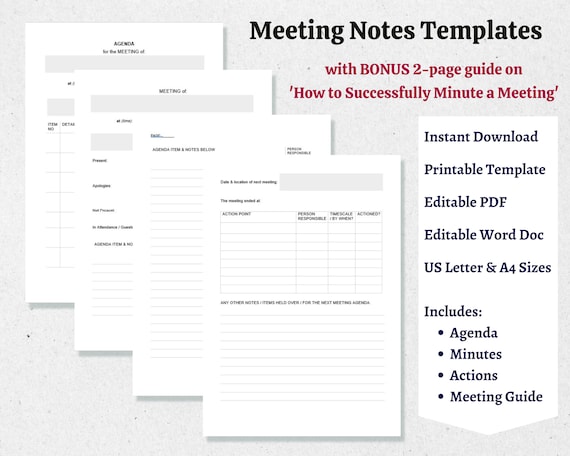 Meeting Notes Template Printable Editable Digital PDF Word - Etsy