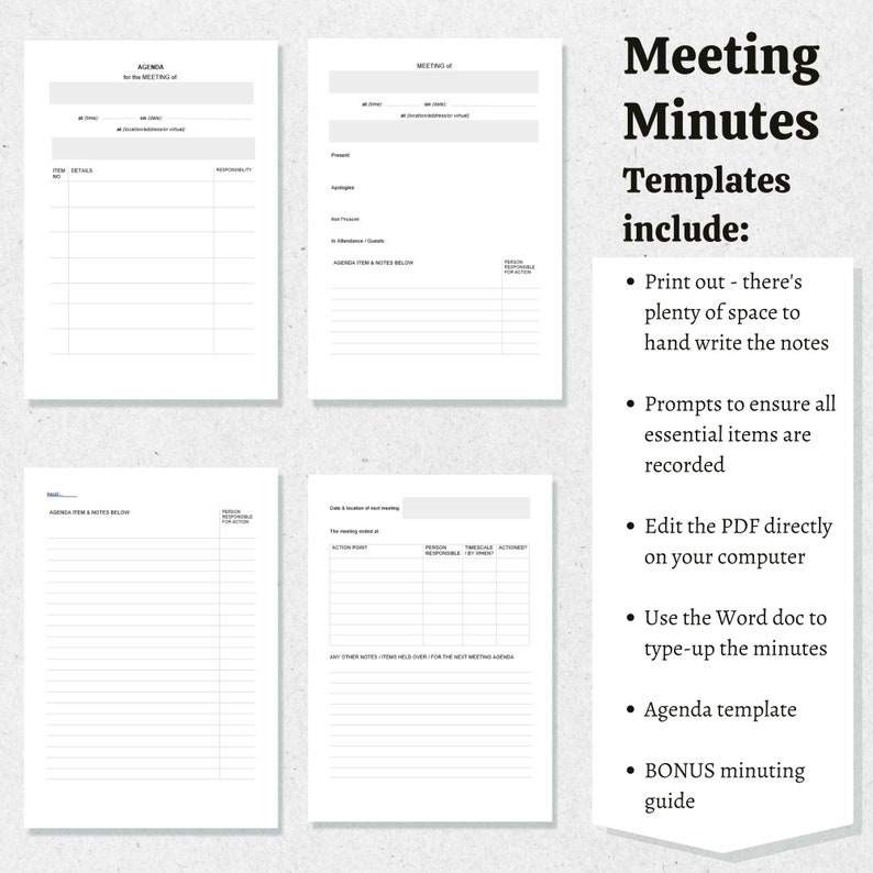 Meeting Notes Template | Printable Editable Digital PDF Word | Business ...