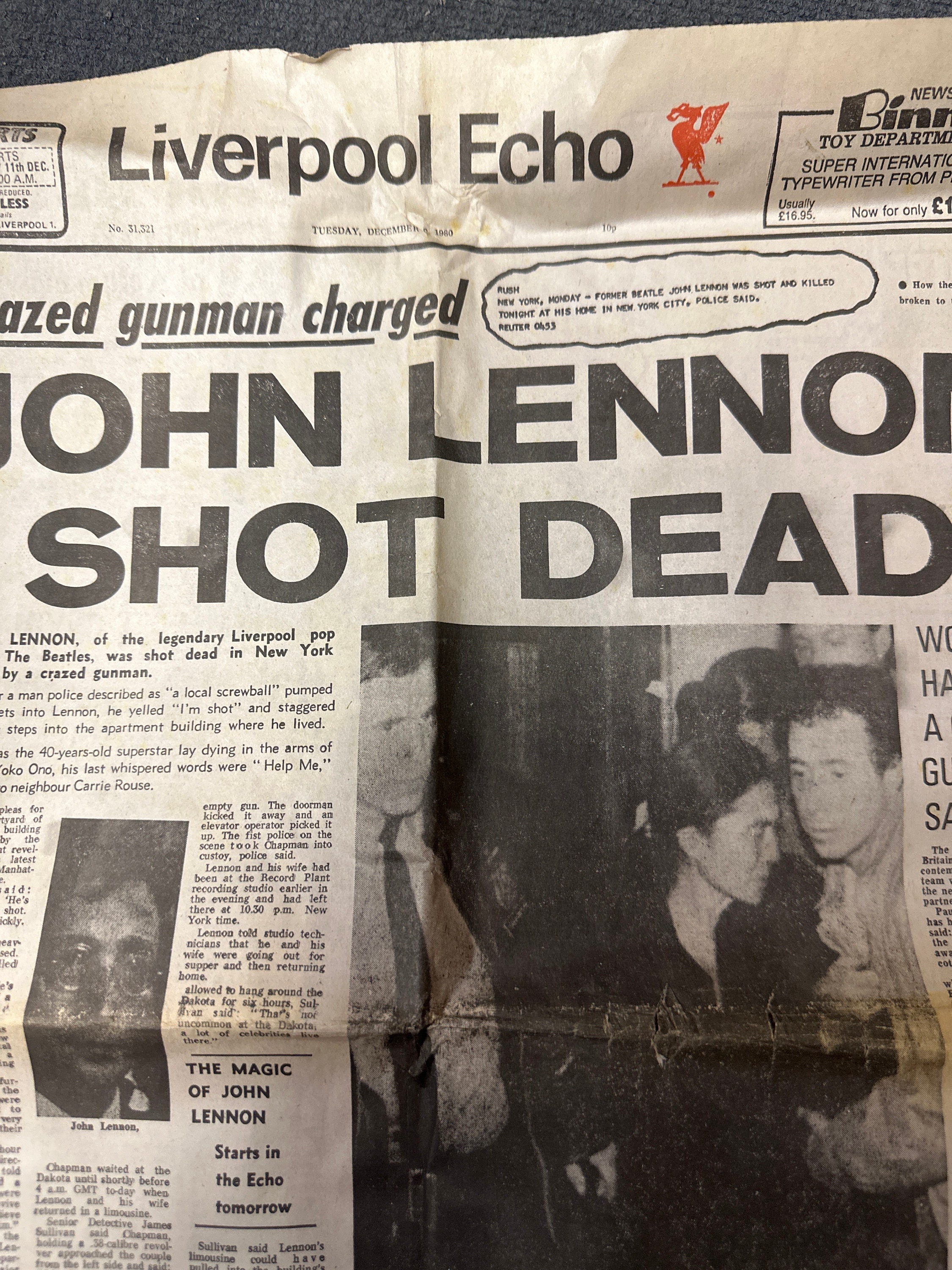 John Lennon SHOT DEAD. Liverpool Echo, Original Newspaper. Dec 9th 1980 ...