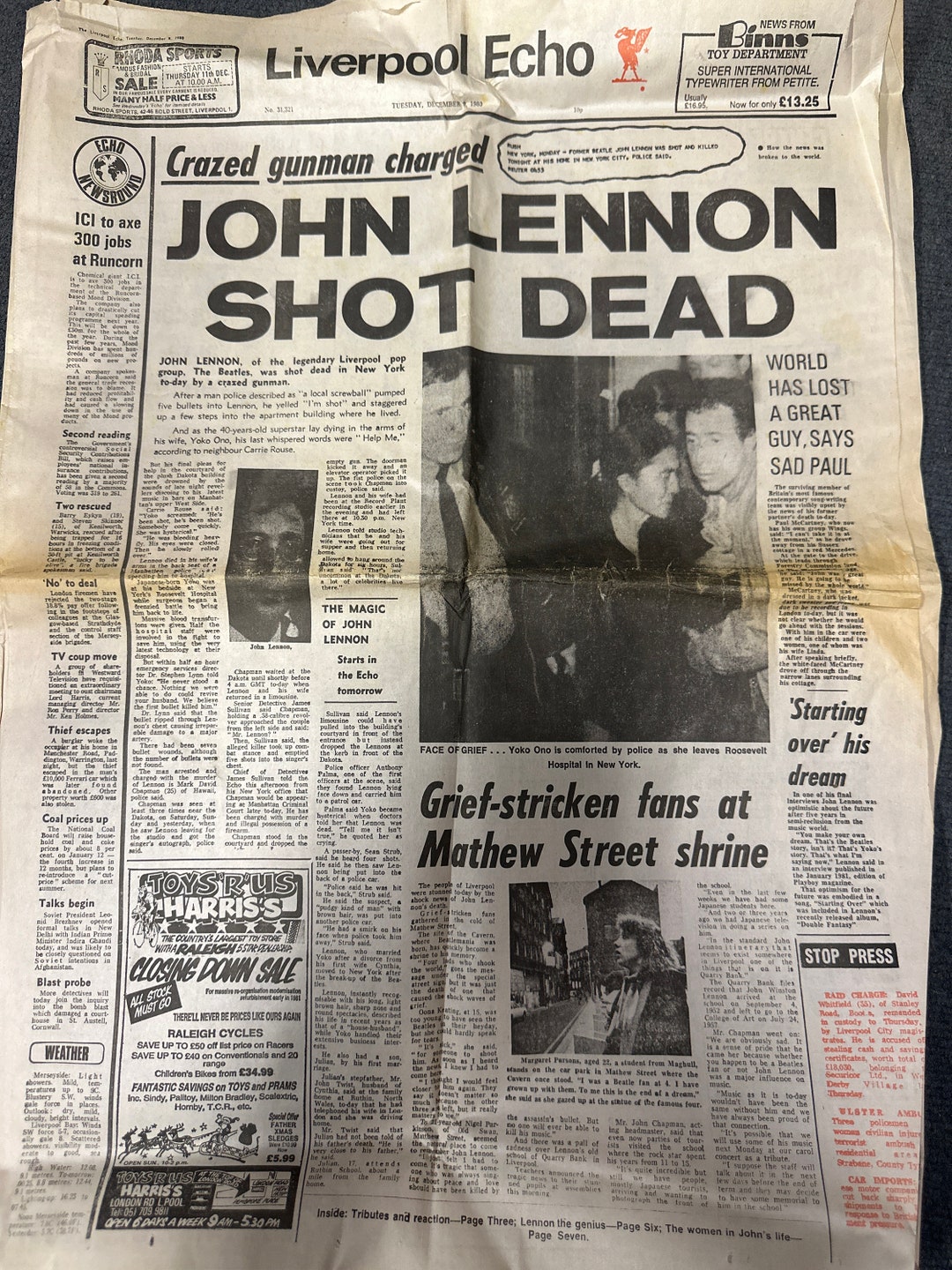 John Lennon SHOT DEAD. Liverpool Echo, Original Newspaper. Dec 9th 1980 ...