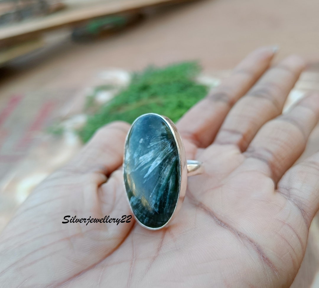 Green Seraphinite Ring, Big Stone Ring, 925 Sterling Silver Ring, Party ...