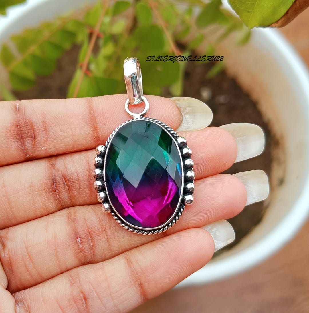 Handmade Watermelon Tourmaline Quartz Pendant: 925 Silver Antique Style ...