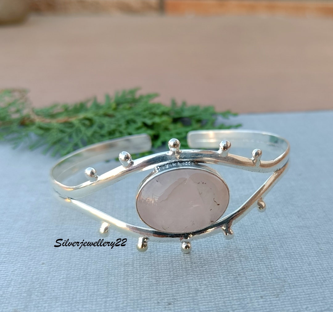 Rose Quartz Bangle, Handmade Bangle, 925 Silver Bangle, Rose Quartz ...