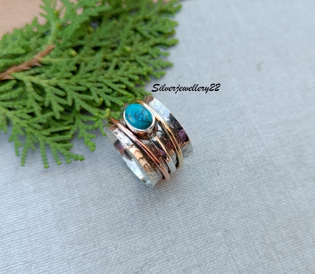 Blue Turquoise Ring, Spinner Ring, Designer Band Ring, 925 Sterling ...
