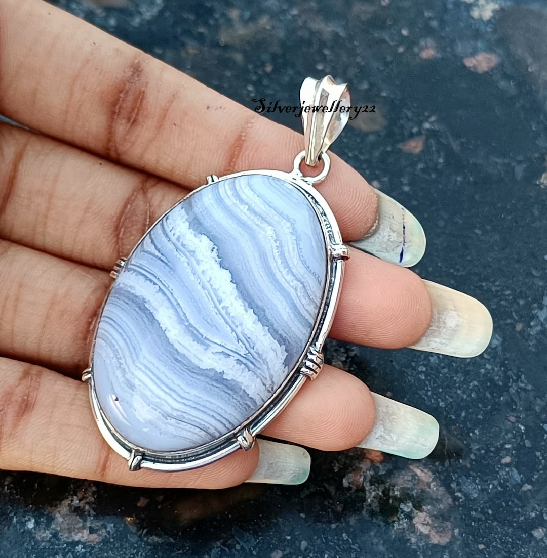 Blue Lace Agate Pendant, 925 Sterling Silver Pendant, Blue Agate ...