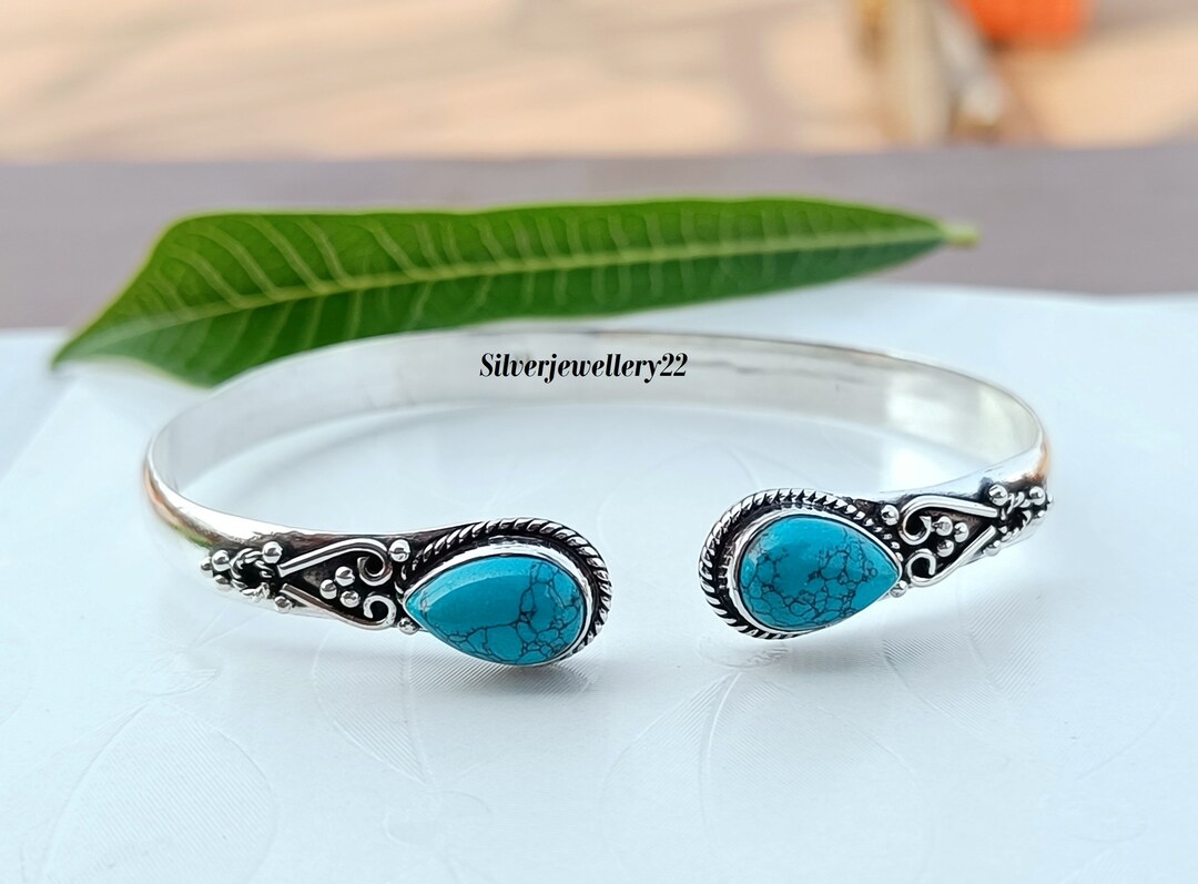 Blue Turquoise Bangle, Adjustable Bangle, Women Bangle, 925 Sterling ...