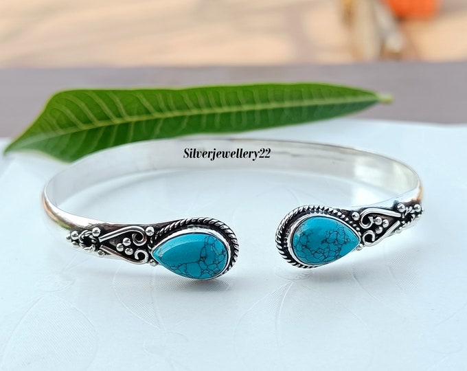 Blue Turquoise Bangle, Adjustable Bangle, Women Bangle, 925 Sterling ...
