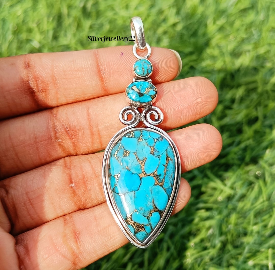Blue Copper Turquoise Pendant, 925 Sterling Silver, Handmade Pendant ...