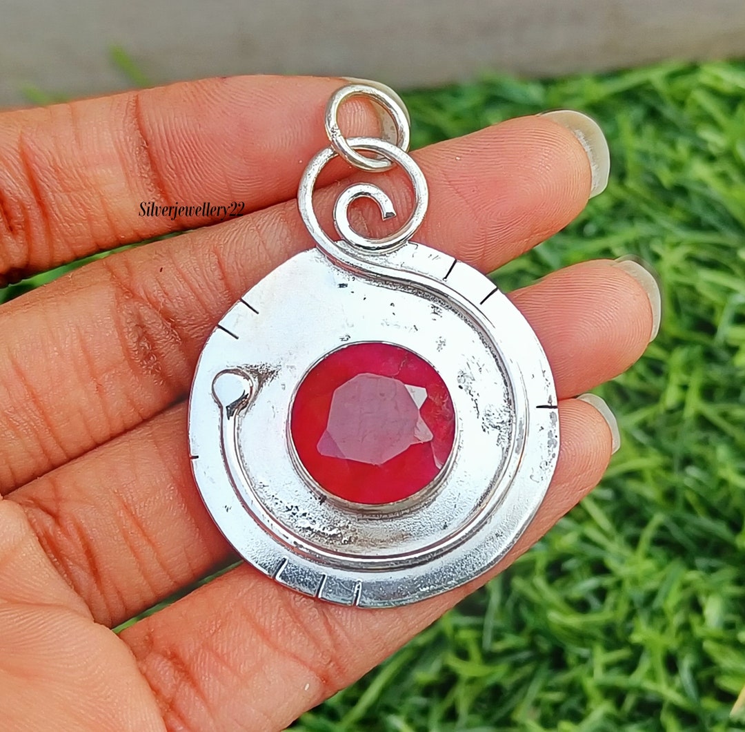 Handmade Circle Ruby Pendant: 925 Sterling Silver Gemstone Necklace - Etsy