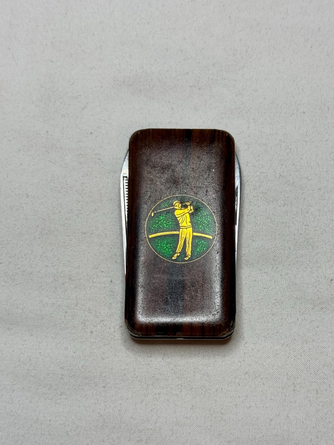 Vintage 1980’s SHARP Stainless Steel Wood Money Clip W/ Pocket Knife & File- Golfer, Golf- Green ...
