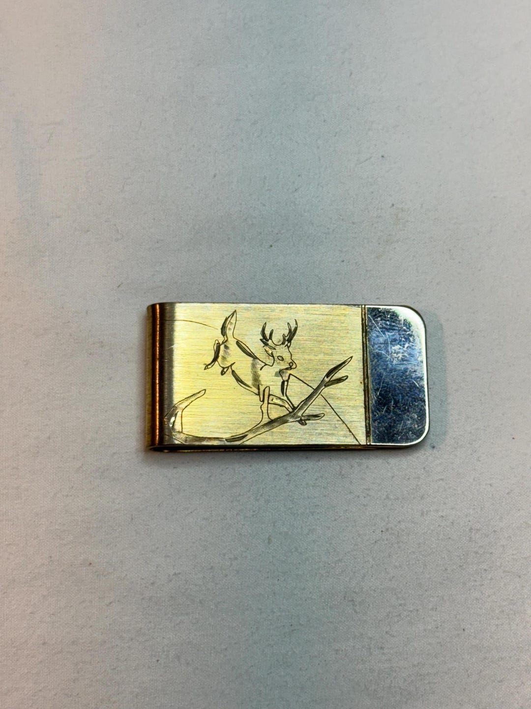 Vintage Etched Jumping Deer Buck Gold Tone Stainless Steel Money Clip ...