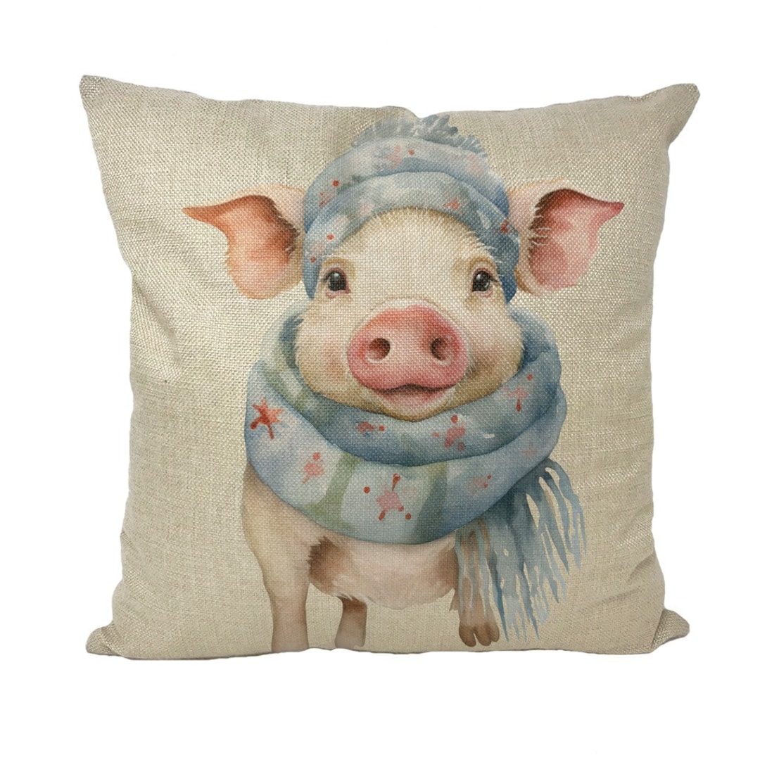 Cute Pig Pillow, Adorable Piglet Wearing a Hat & Scarf Throw Pillow ...
