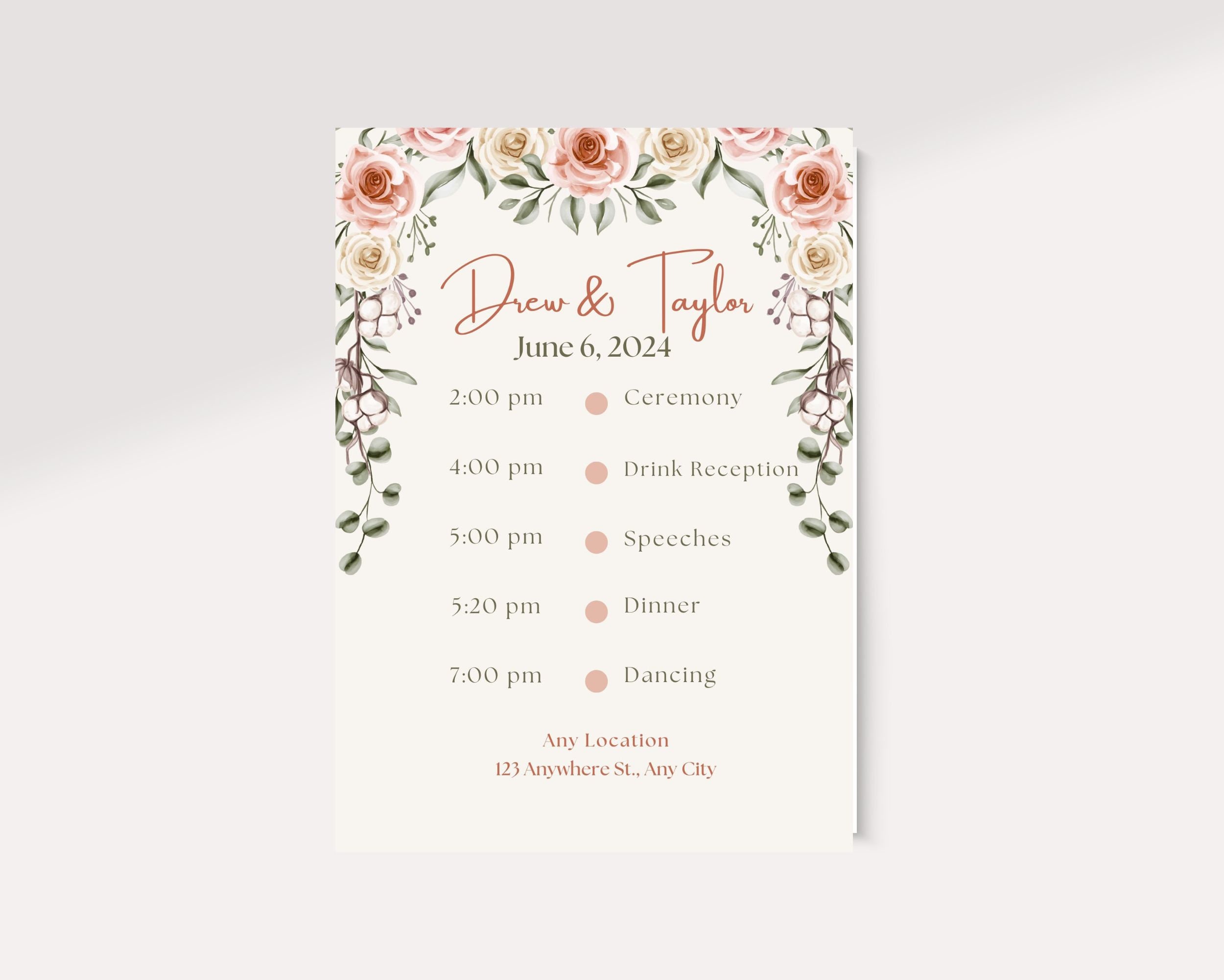 Floral Wedding Timeline Template, Order of Events, Wedding Schedule ...