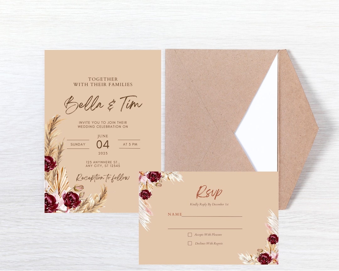 Wedding Invitation and Reply Card Templates, Burgundy Wedding, Boho ...