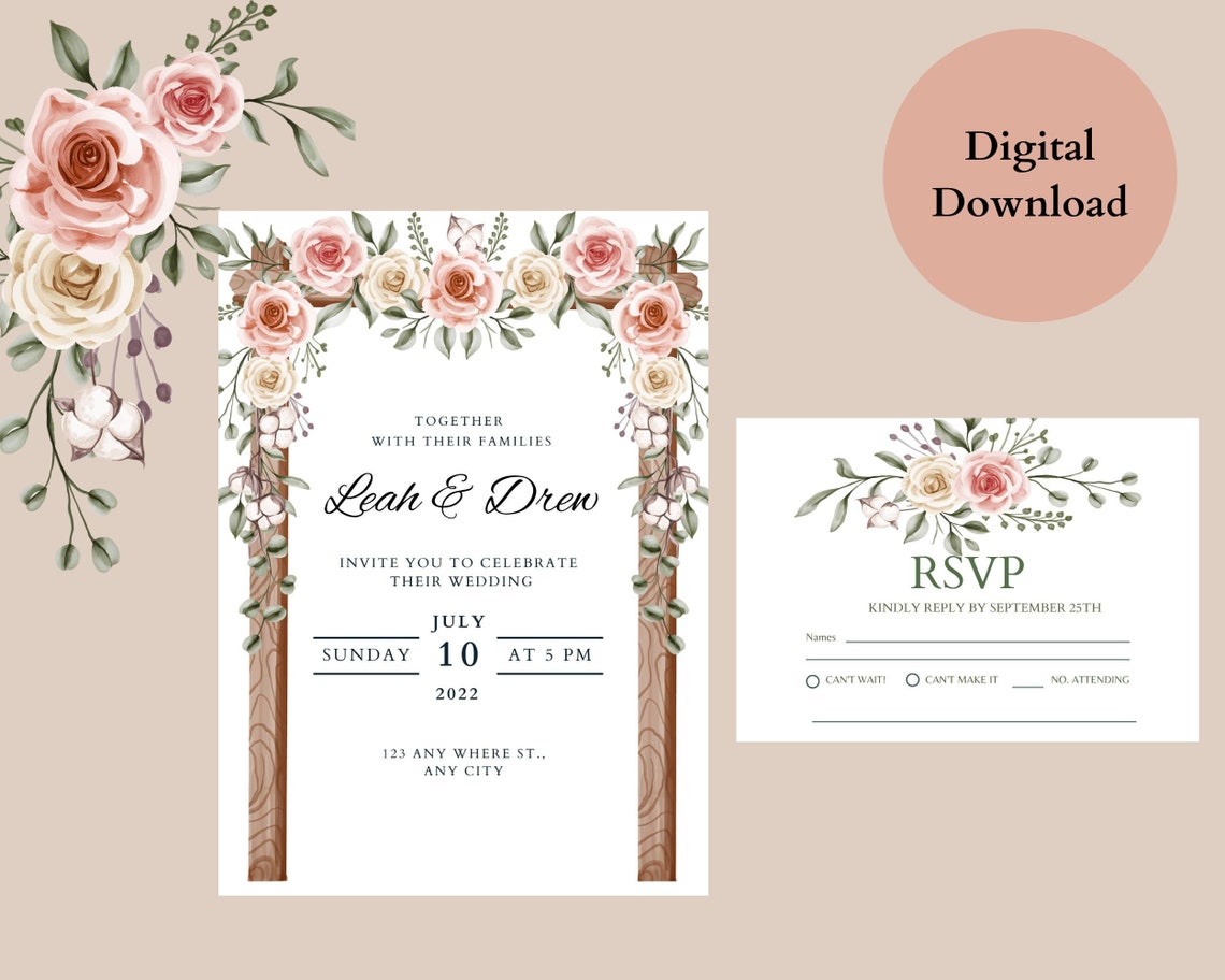 Boho Rustic Wedding Invitation Set, Country Wedding Template, Instant ...