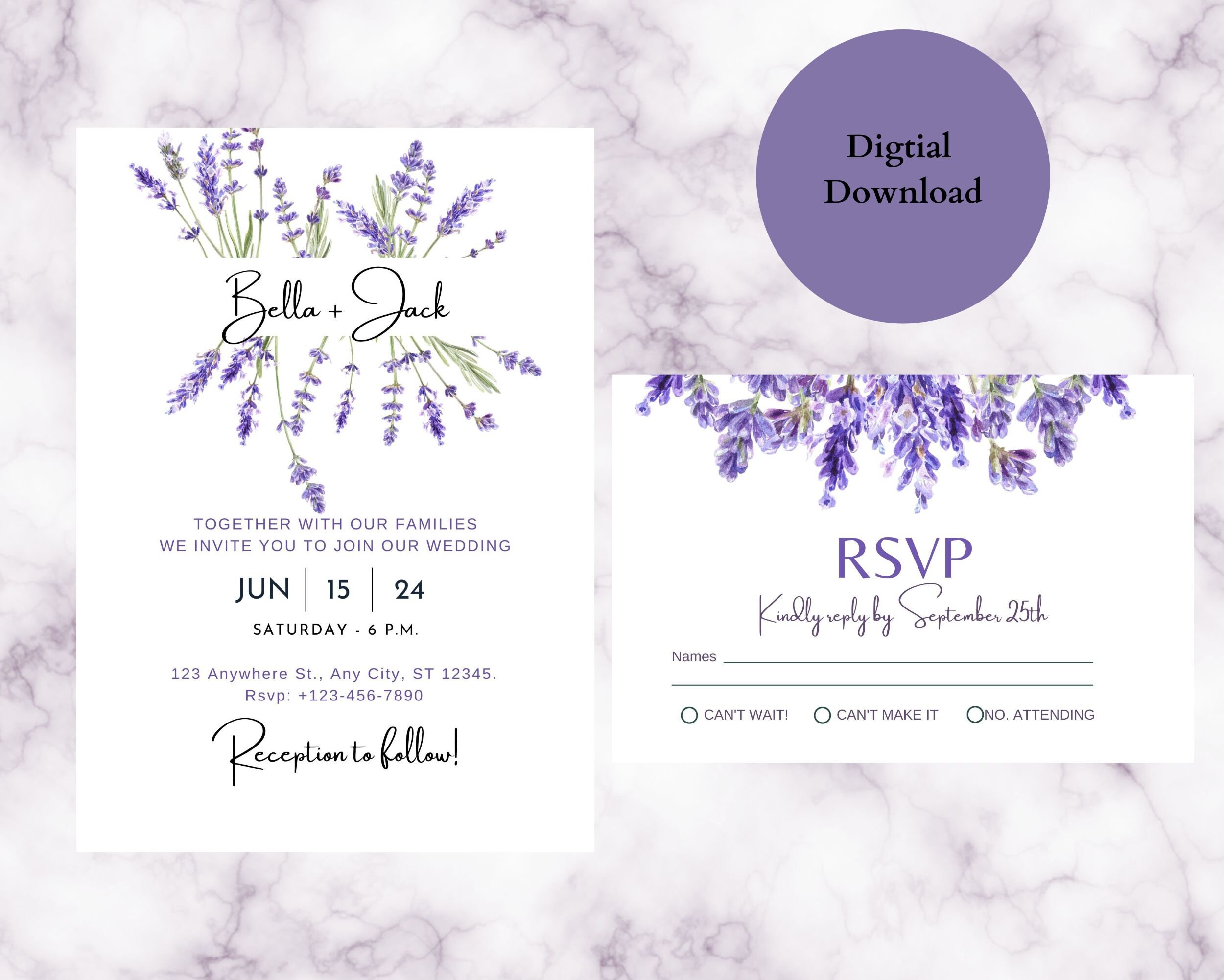 Lavender Wedding Invitation Template, Editable Invitation, Floral ...