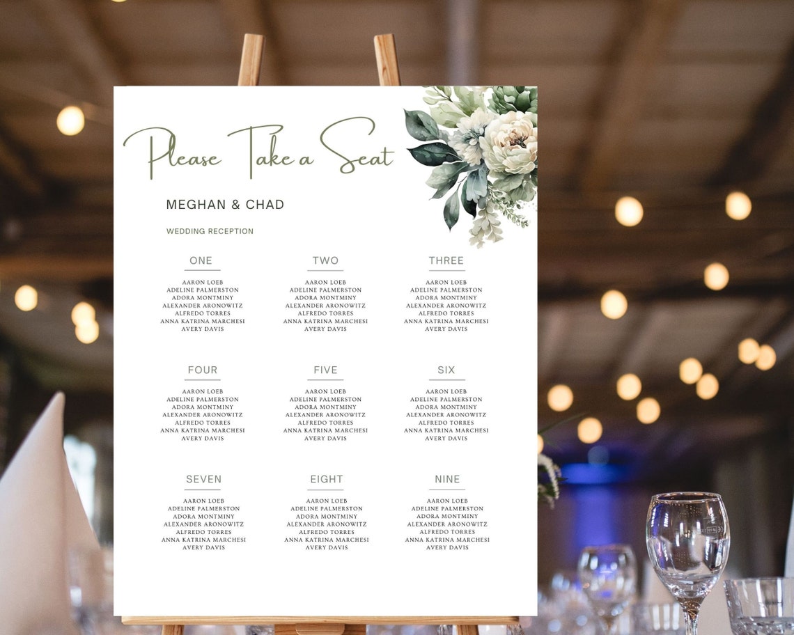 Greenery Seating Chart Template, Seating Chart Alphabetical, Wedding ...