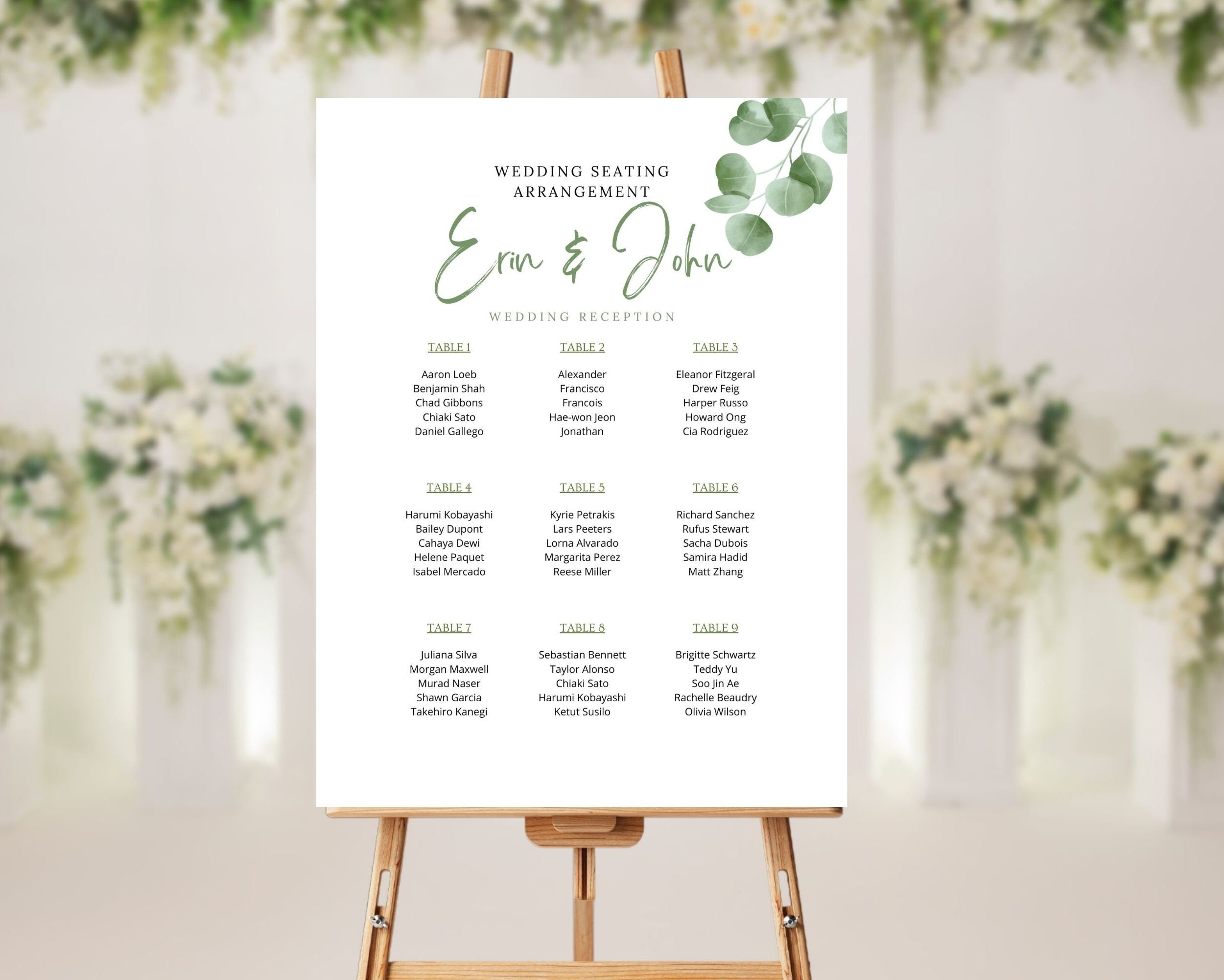 Greenery Editable Seating Chart Sign Template, Modern Wedding Sign ...