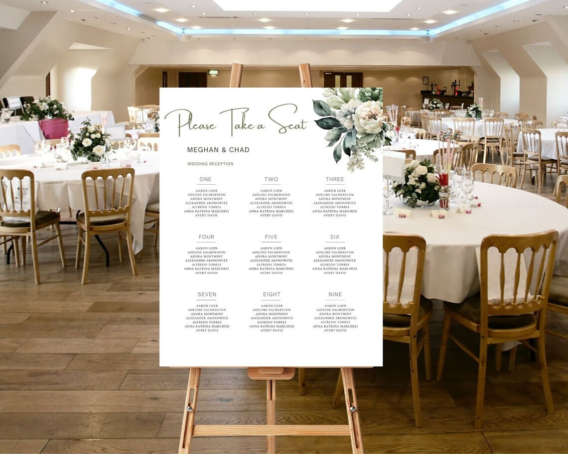 Greenery Seating Chart Template, Seating Chart Alphabetical, Wedding ...