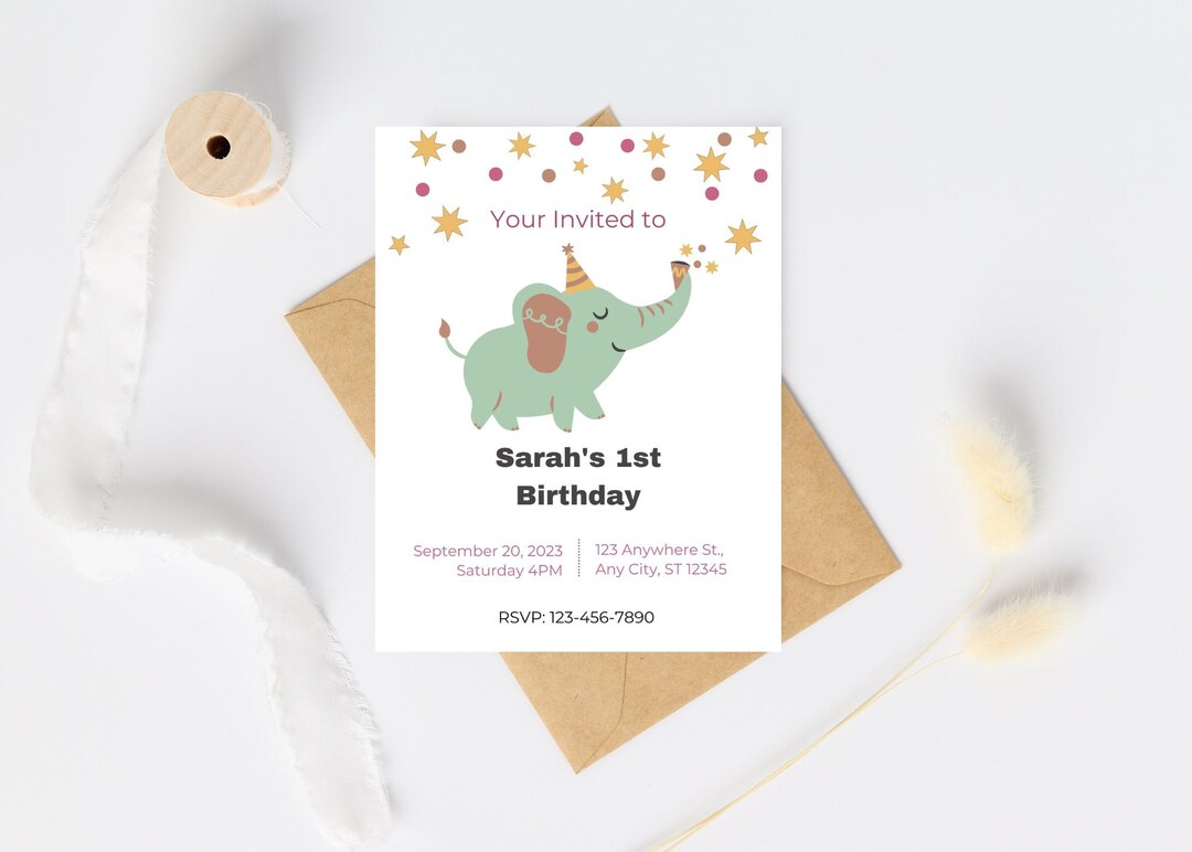 Elephant Birthday Party Invitation Template, Kids Birthday Invitation ...
